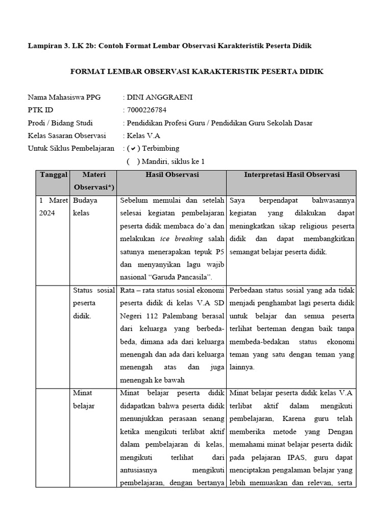 10 Dini Anggraeni - B4-3 Unggah LK 2b - Lembar Observasi Karakteristik Peserta Didik - Siklus 1 ...