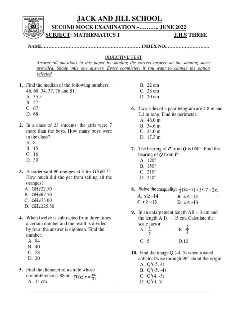 Jack and Jill School Mathematics Mock 2 | PDF | Triangle | Circle