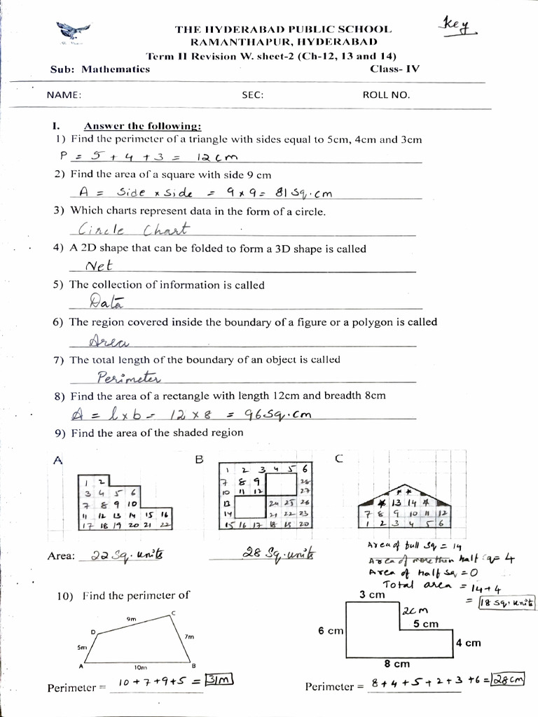 KEY of G4 Math Term-2 2nd Revision Worksheet-2 | PDF | Area | Euclid