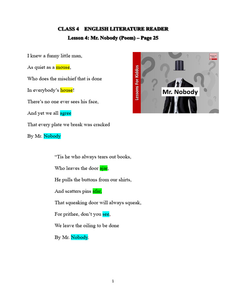 Class 4 - NOTES - MR Nobody - Poem | PDF