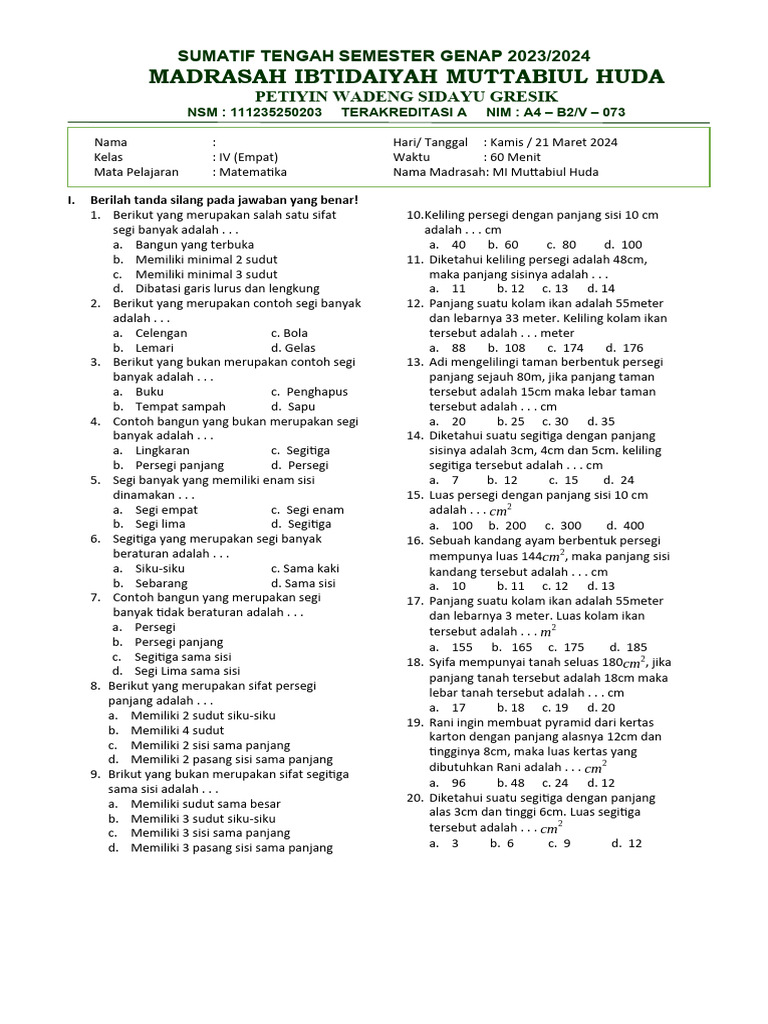 PTS Genap 2024 Kelas 4 | PDF | Griya & Taman