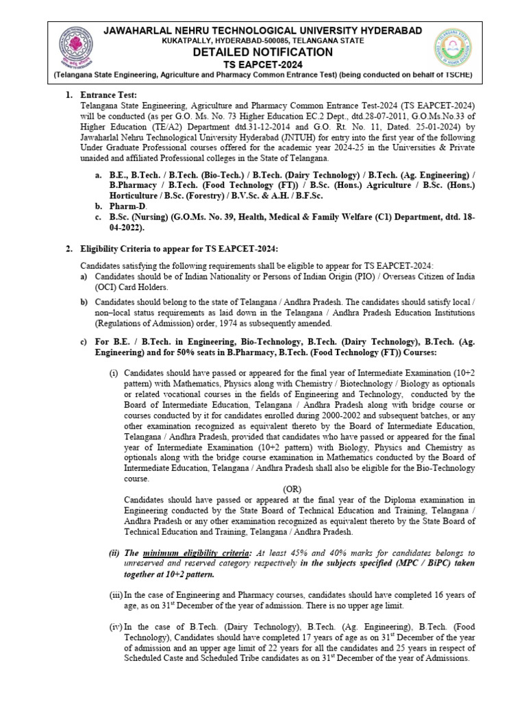 Detailed Notification For TS EAPCET-2024 | PDF | University And College Admission | Advanced ...