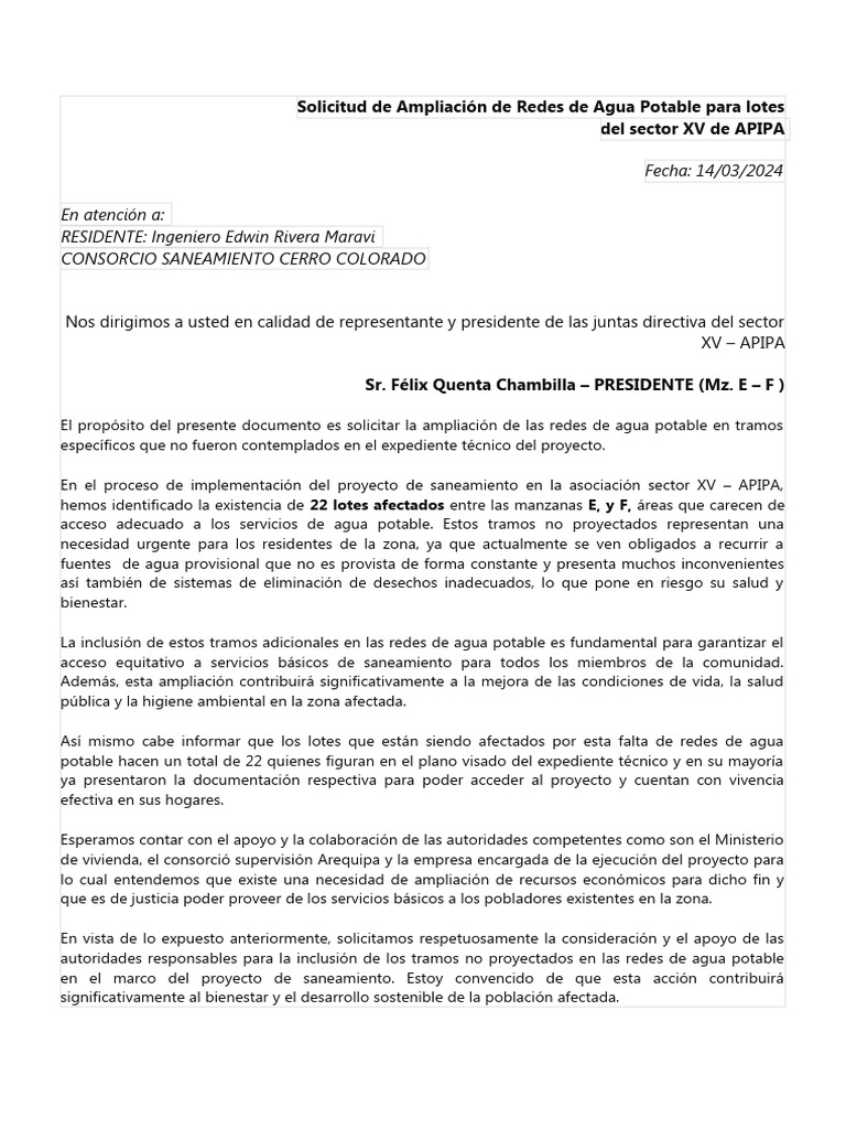 Solicitud Felix Quenta | PDF | Saneamiento | Agua