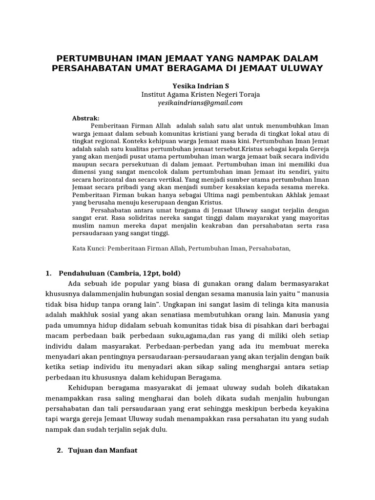 Pertumbuhan Iman Jemaat Yang Nampak Dalam Persahabatan Umat Beragama Di ...