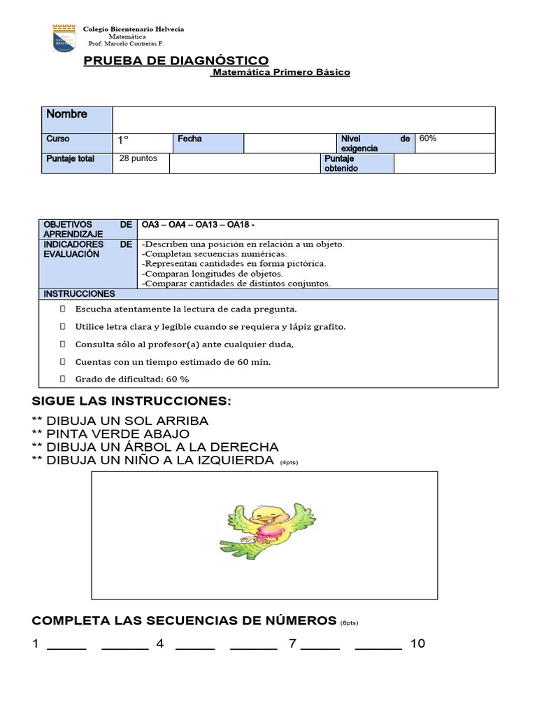 Prueba Diagnóstica Matemática 1° Básico | PDF | Cognición
