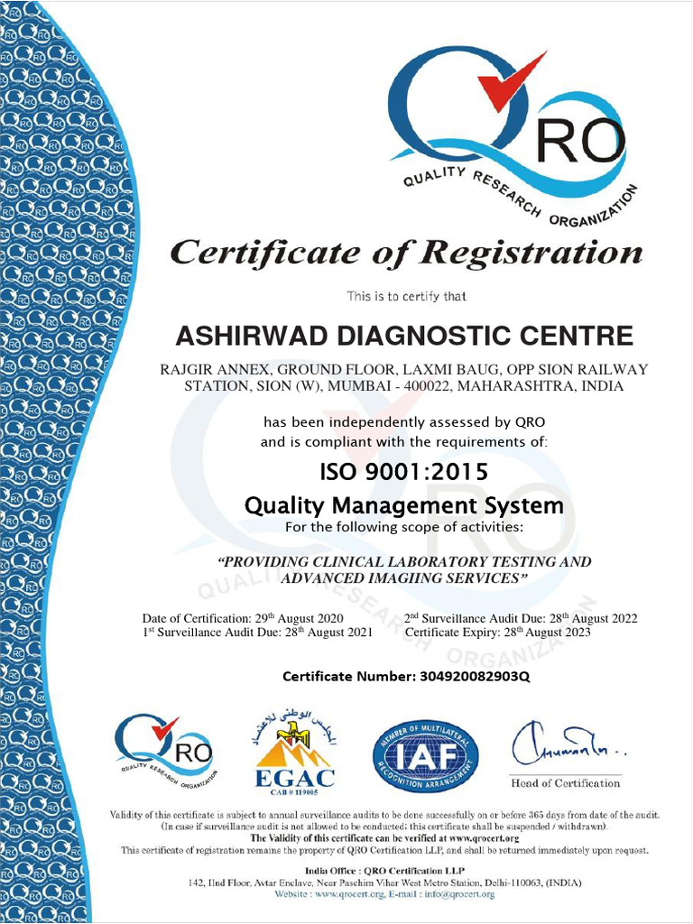 Ashirwad Diagnostic Centre ISO Certification | PDF | Business ...