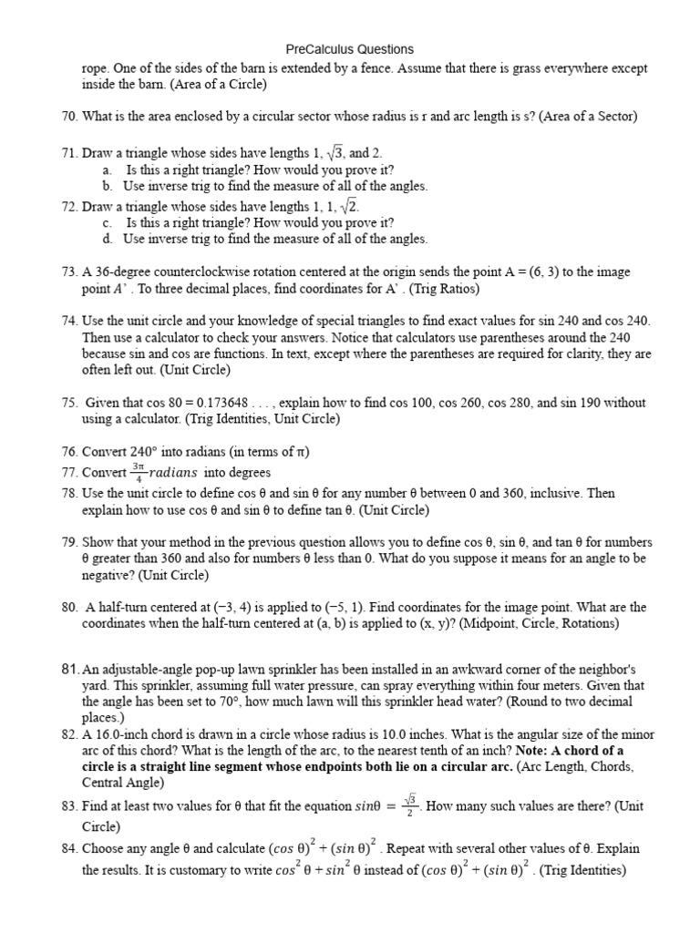 PreCalc Questions With Objectives | PDF | Circle | Angle