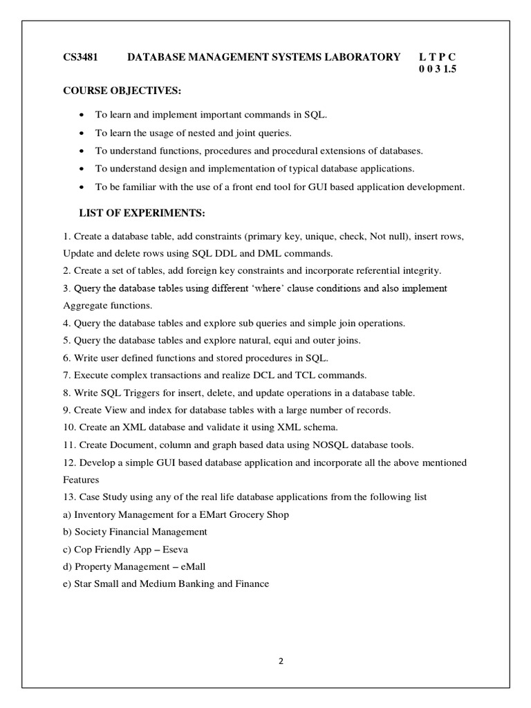 CS3481 - DBMS Lab Manual - New | PDF | Relational Database | Sql