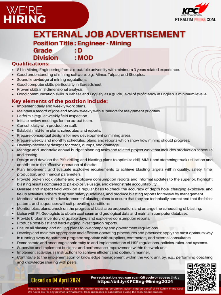 Engineer - Mining (MOD) | PDF | Mining | Recruitment