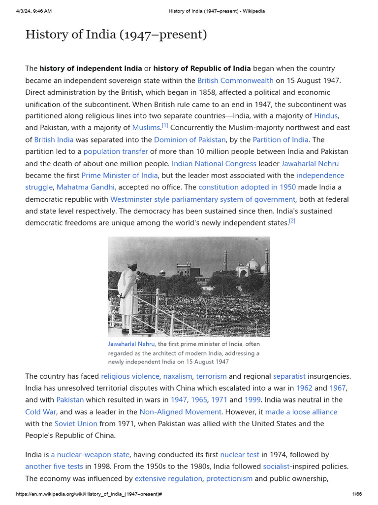 History of India (1947-Present) - Wikipedia | PDF | Jawaharlal Nehru ...