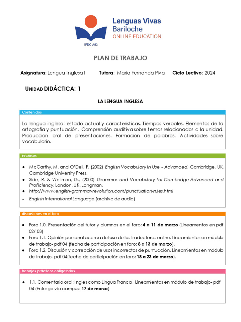 Plan de Trabajo Lengua Inglesa I 2024 | PDF