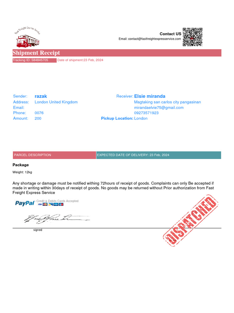 UPS Shipment Receipt - Feb 2024 | PDF