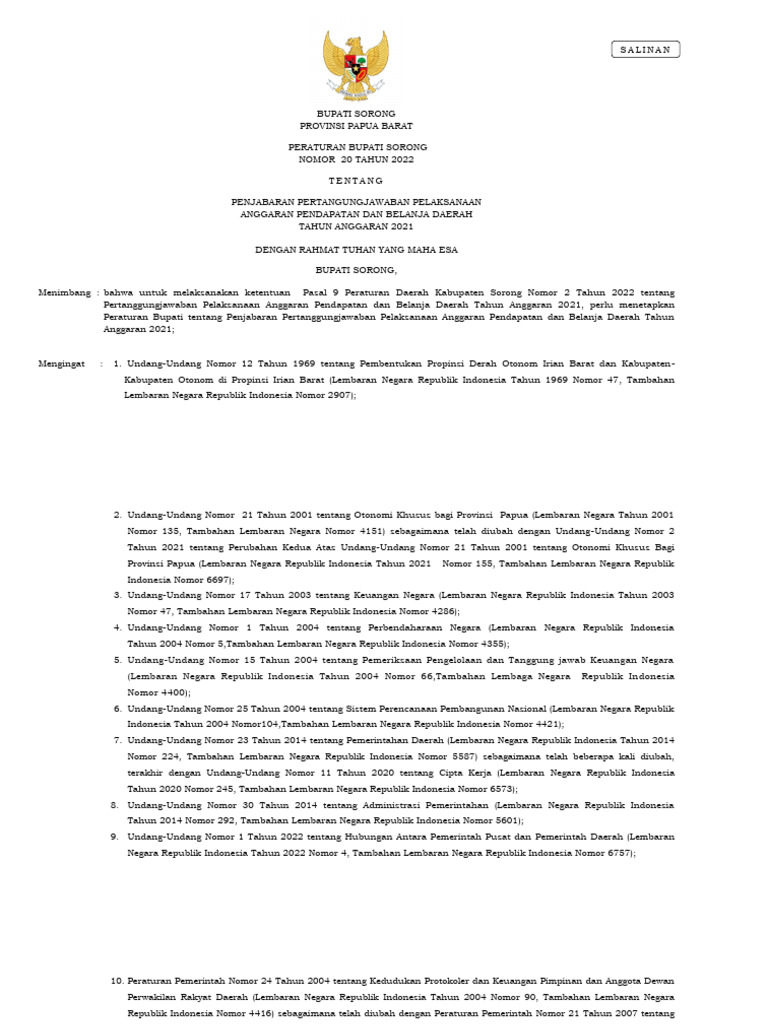 PERBUP Kab Sorong No 20 Tahun 2022 Tentang Penjabaran Pertanggungjawaban APBD 2021 | PDF ...