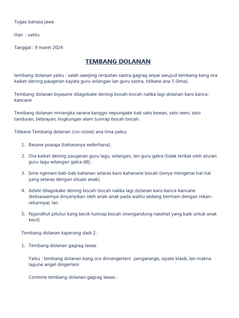 Tembang Dolanan: Jenis dan Titikane | PDF