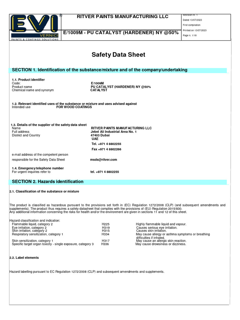 PU Catalyst Safety Data Sheet | PDF | Hazards | Occupational Safety And ...