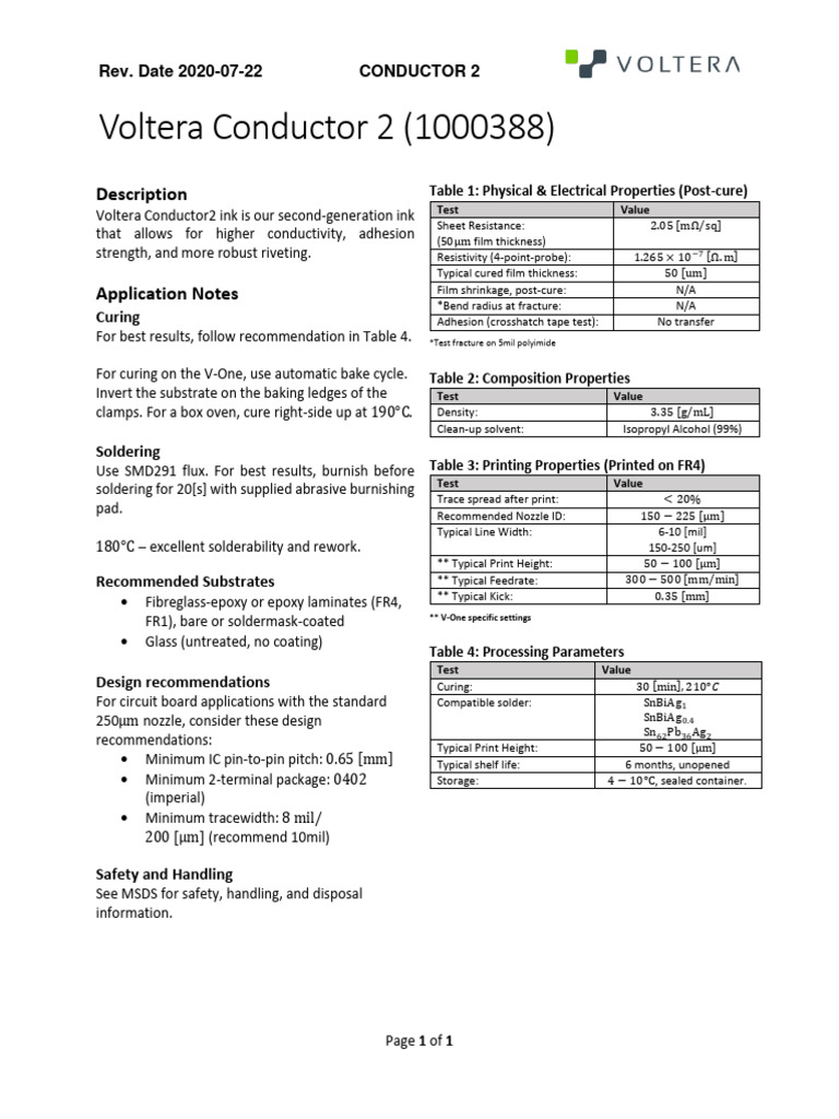 Voltera Conductor 2 Ink Specifications | PDF | Electrical Resistivity And Conductivity | Soldering