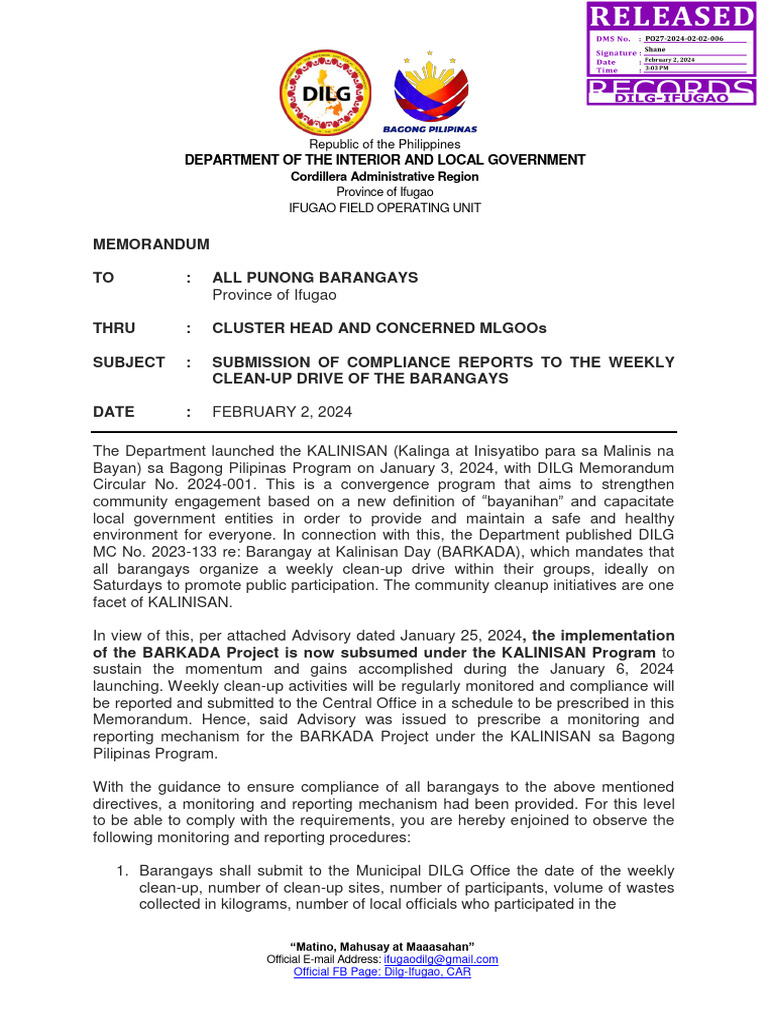 Memo-re-Weekly-Clean-Up-Drive | PDF | Government