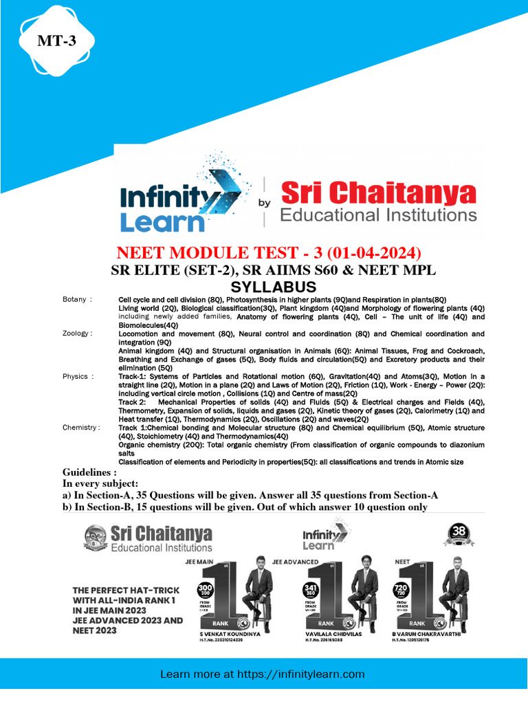 SR ELITE (SET - 2), SR AIIMS S60 & NEET MPL NEET MODULE TEST - 3 PAPER ...