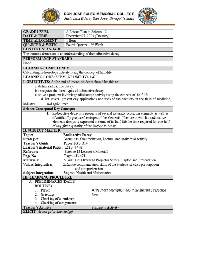 7 Es Lesson Plan in Radioactive Decay FS Final 2023 | PDF | Radioactive ...