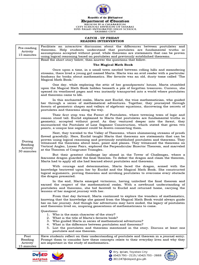 G8 Regular Catch-Up-Friday-Activity ReadingMathDept | PDF | Axiom ...
