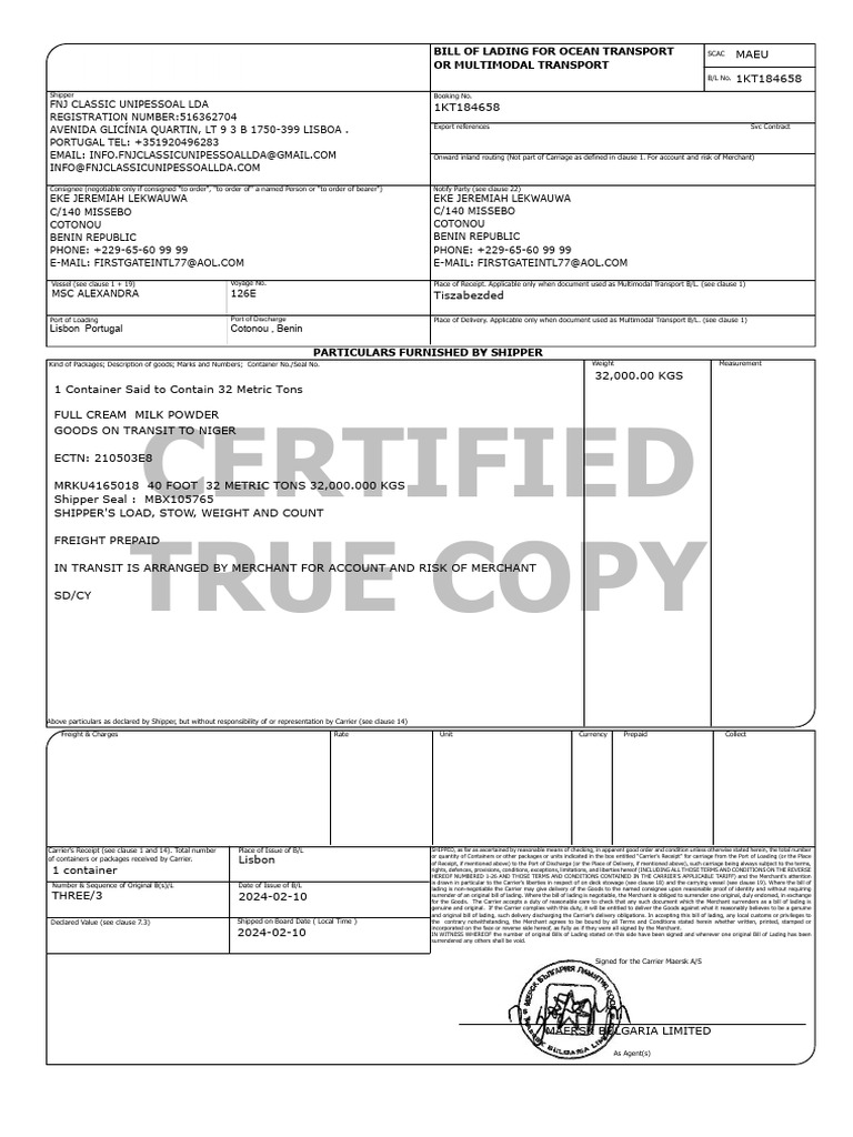 Past BL Milk Powder | PDF | Bill Of Lading | Freight Transport