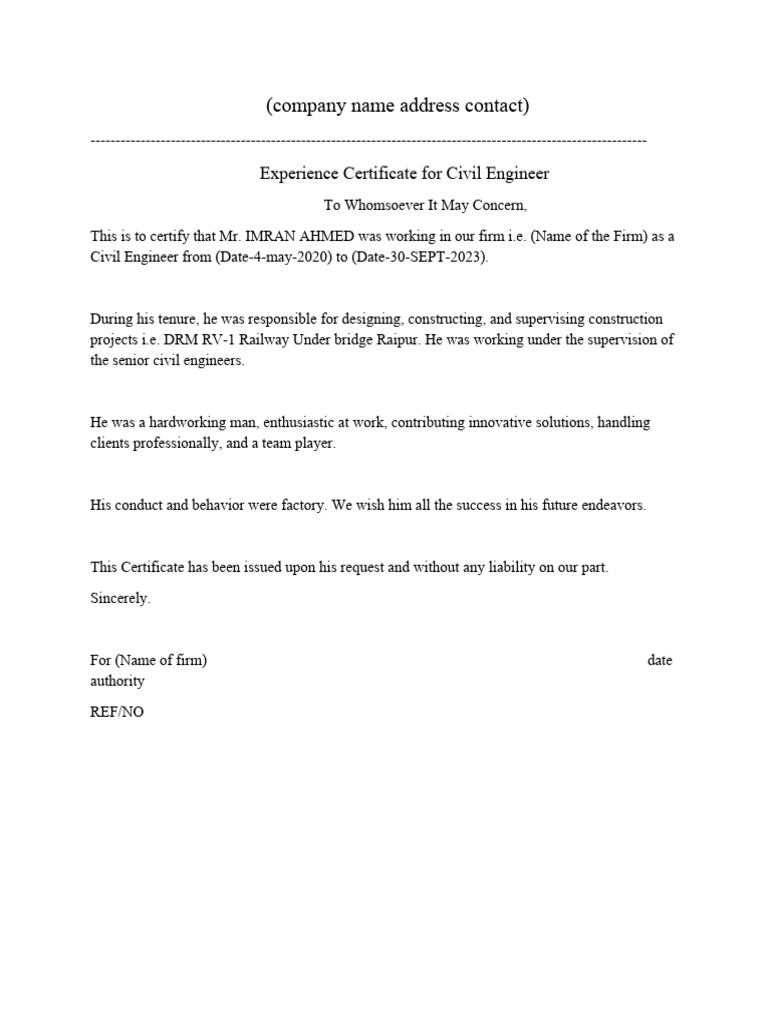 (Specimen) Experience Certificate For Civil Engineer (Compan | PDF