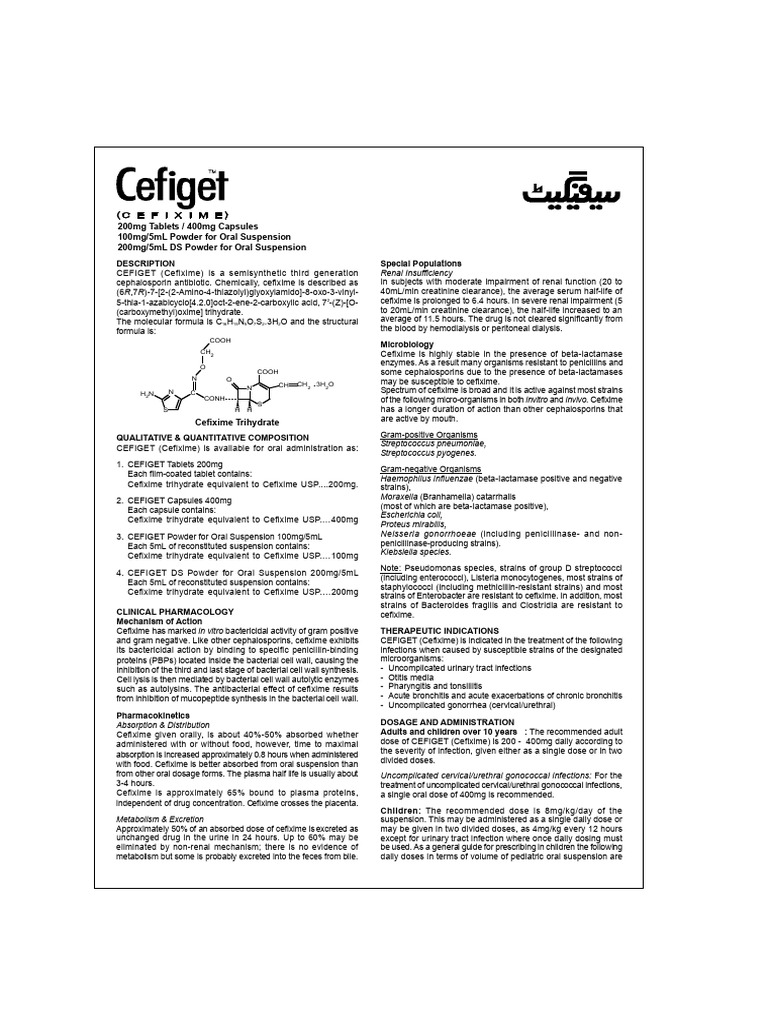 Cefiget Range Leaflet Pakistan | PDF | Dose (Biochemistry) | Chemistry