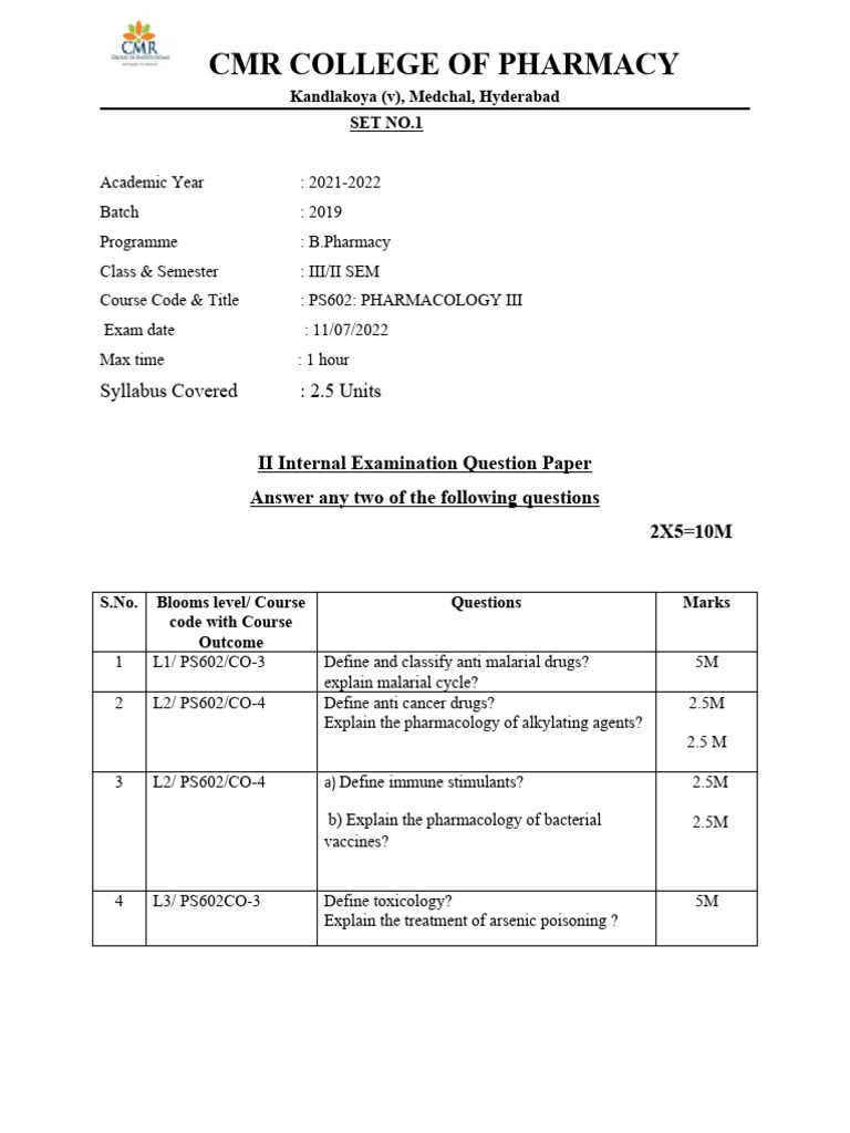 3rd Year B.Pharm PHARMACOLOGY-III II Mid Set 1 | PDF | Chemotherapy | Antiviral Drug