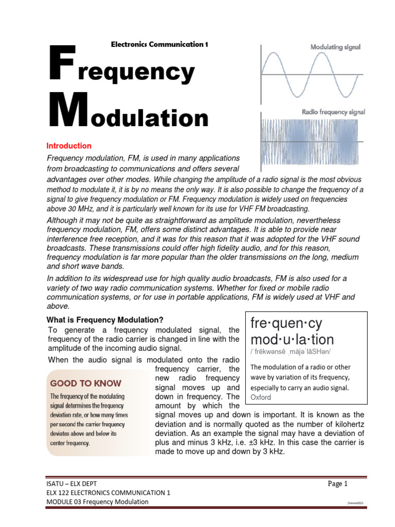 ELX 122 MODULE 3 Modulation Techniques (FM) | PDF | Frequency Modulation | Modulation