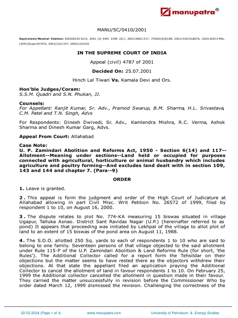 Hinch Lal Tiwari Vs Kamala Devi and Ors 25072001 s000410COM601228 | PDF ...