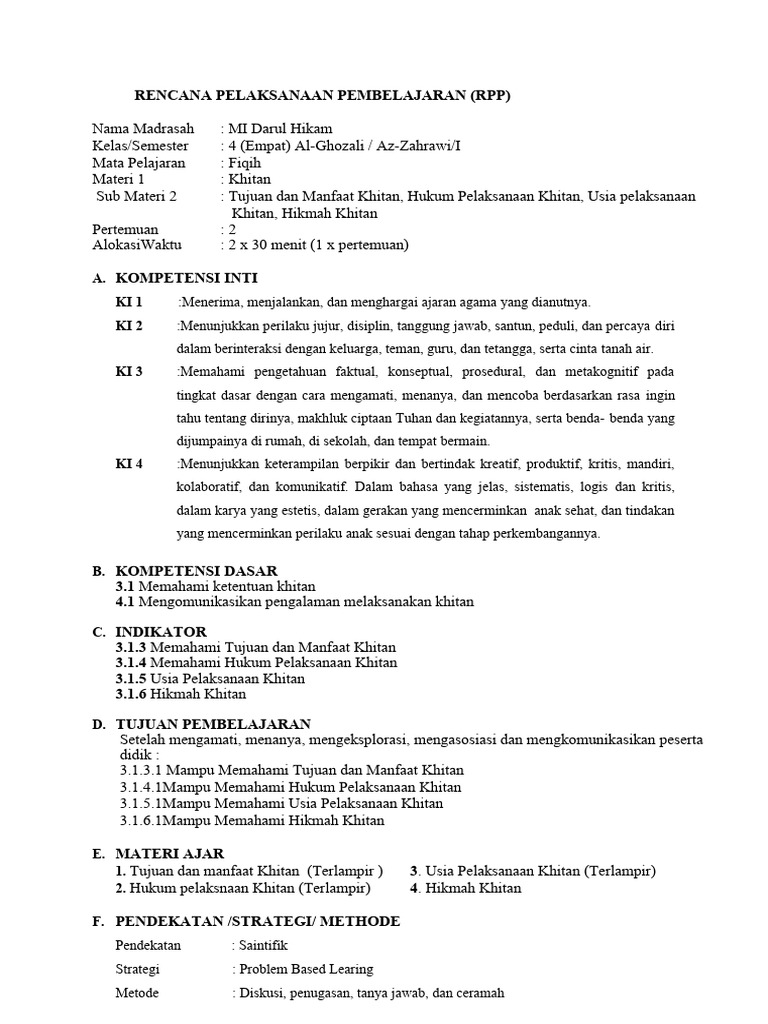 RPP Fiqih Kelas 4 Pem 2 Sem 1 | PDF