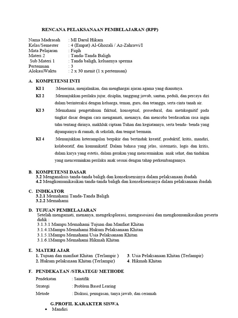 RPP Fiqih Kelas 4 Pem 3 Sem 1 | PDF | Karier & Perkembangan