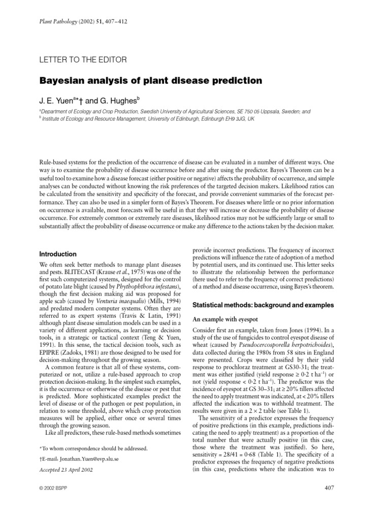 Plant Pathology - 2002 - Yuen - Bayesian Analysis of Plant Disease Prediction | Download Free ...