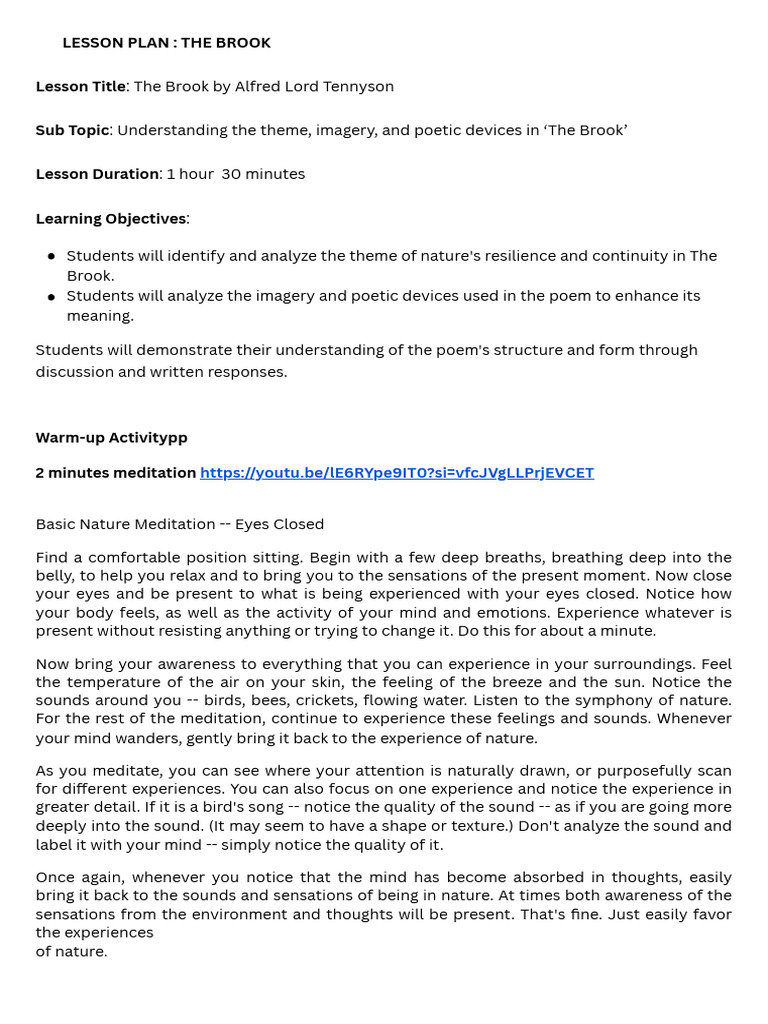 LESSON PLAN The BROOK Lesson Title The Brook by Alfred Lord Tennyson ...
