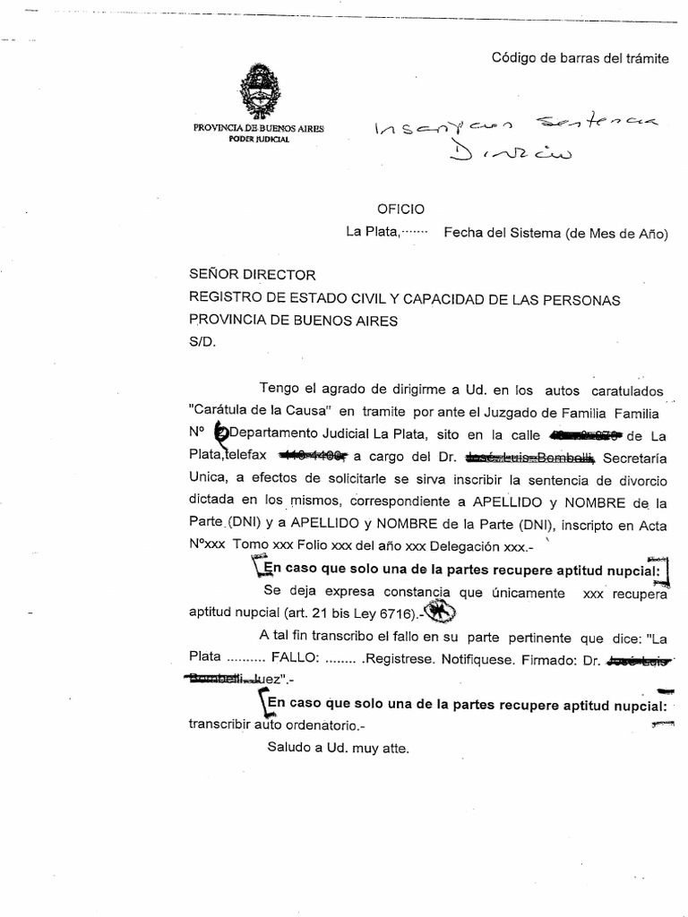 Oficio Inscripcion de Divorcio | PDF Oficio Inscripcion de Divorcio | PDF
