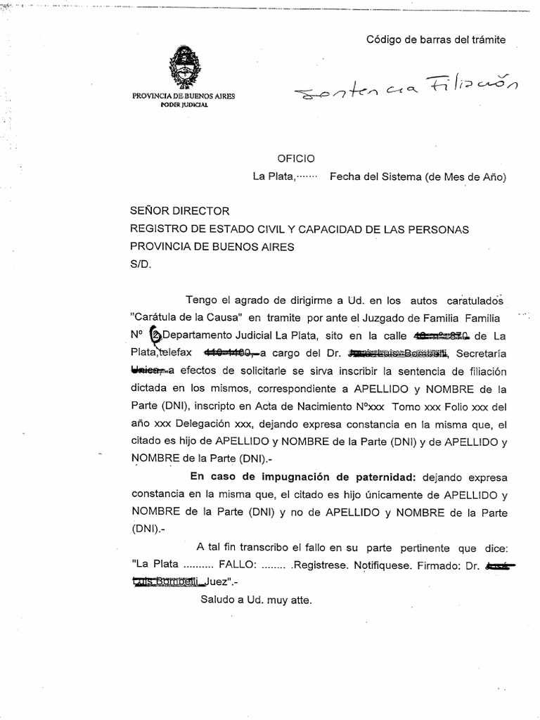 Oficio Inscripción Filiación | PDF