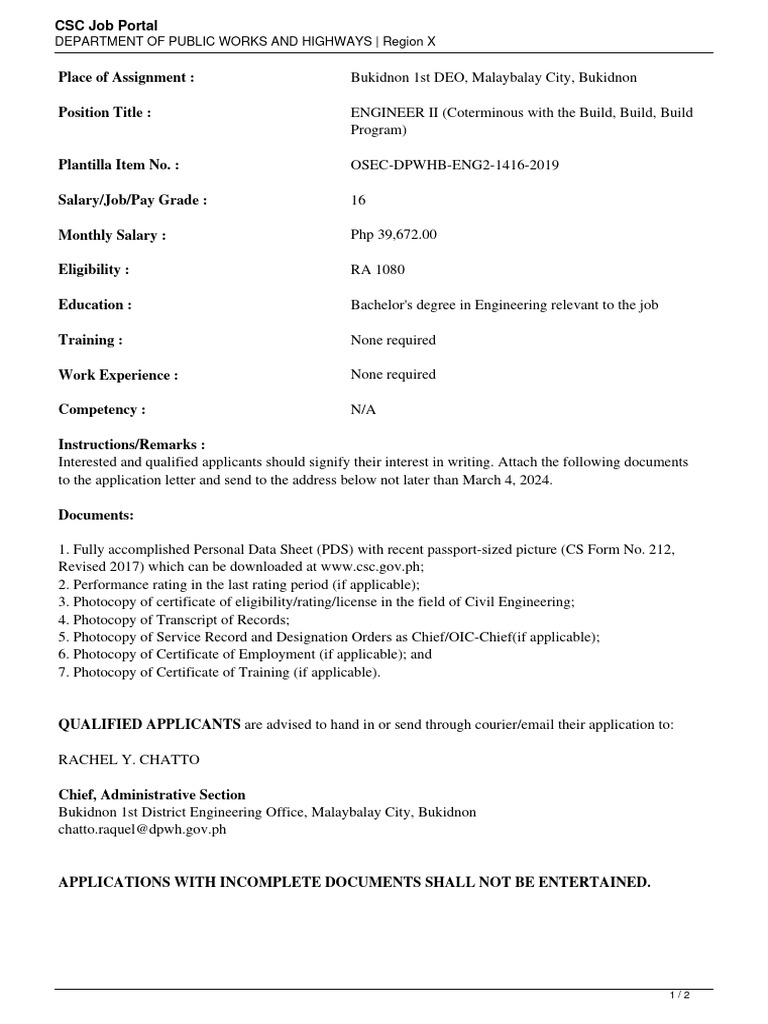 Department Of Public Works And Highways Engineer Ii Coterminous With