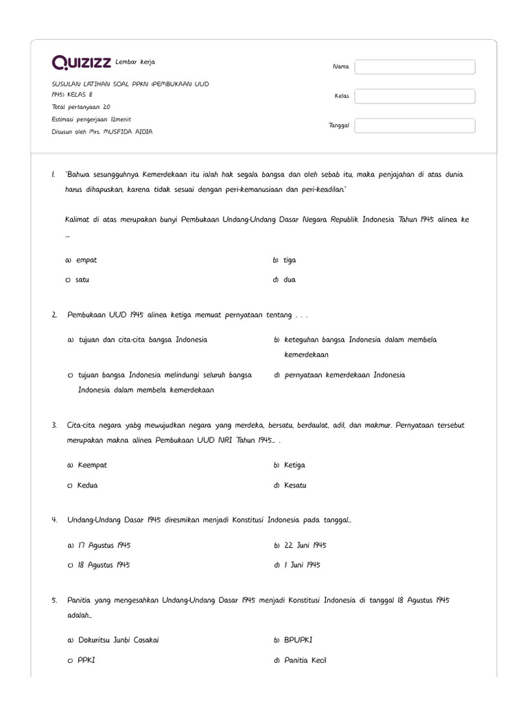 SUSULAN LATIHAN SOAL PPKN (PEMBUKAAN UUD 1945) KELAS 8 - Quizizz | PDF