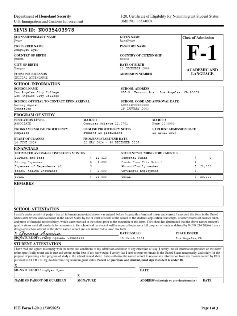 I-20 Form (Signed, Dated) | PDF | Travel Visa | Human Migration