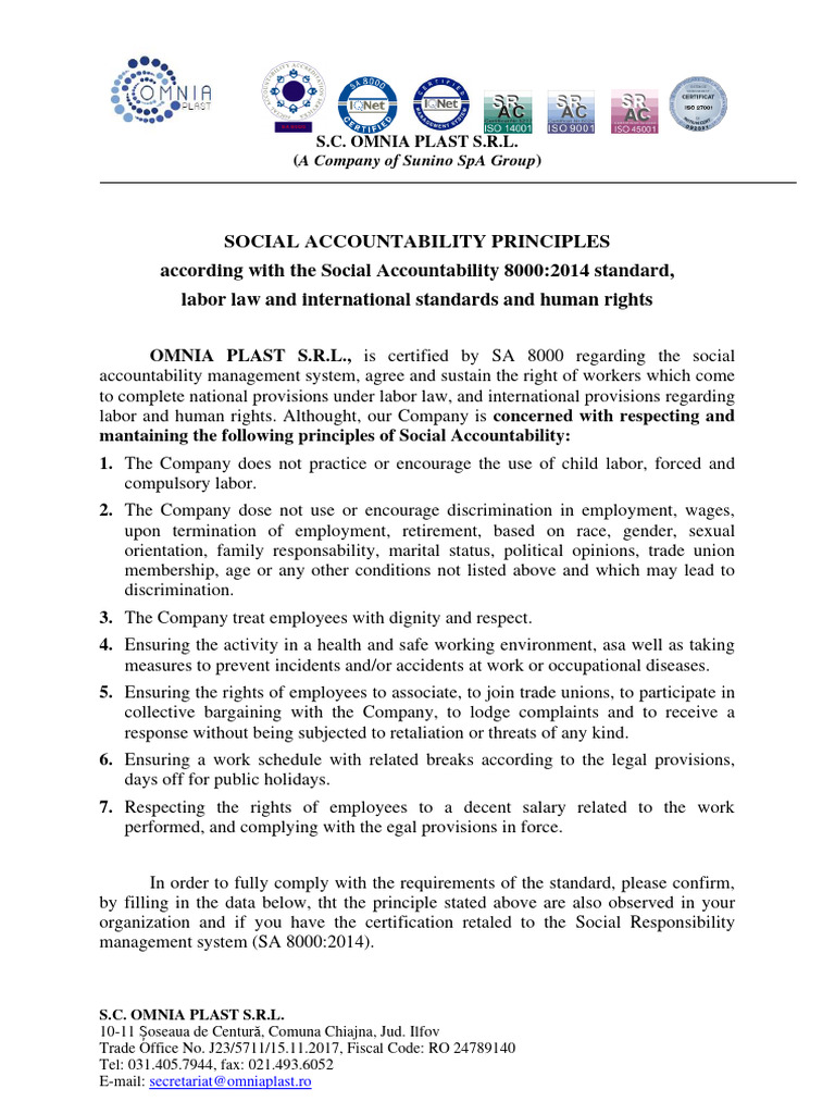 Omnia Plast's SA 8000 Compliance Overview | PDF | Employment | Labour Law