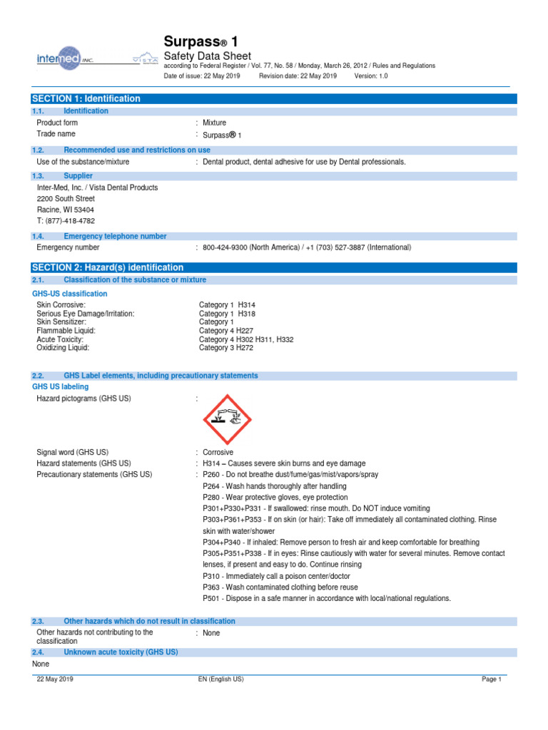 FINAL Surpass 1 US Vista SDS | PDF | Firefighting | Toxicity