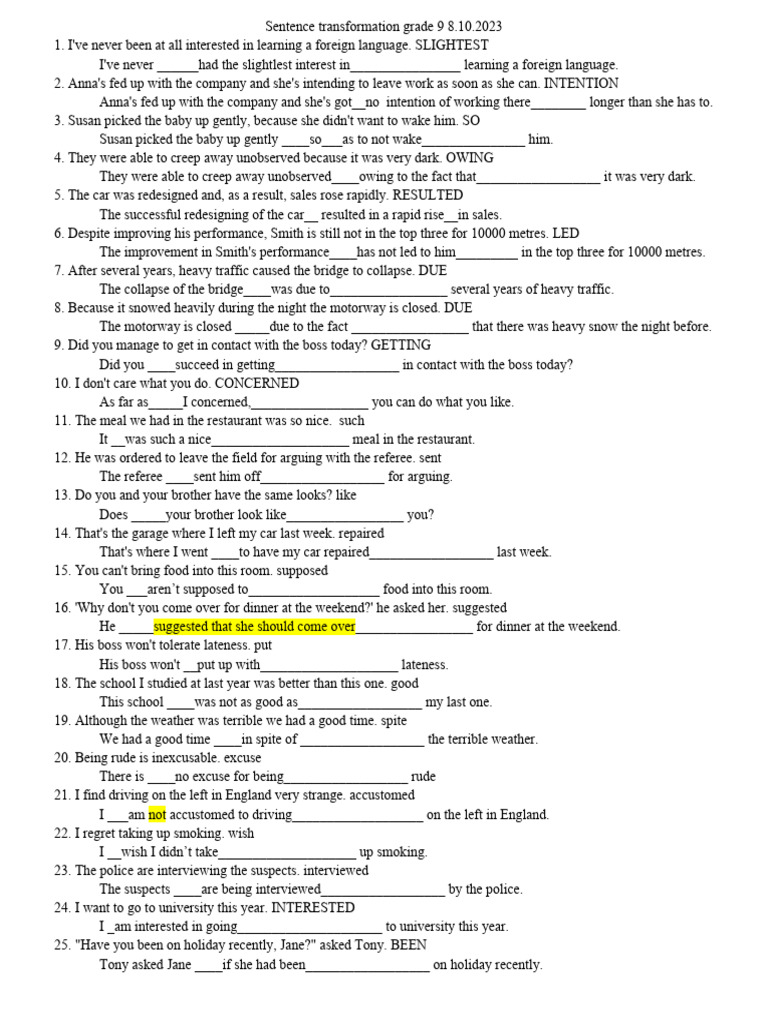 Sentence Transformation Grade 9 8.10.2023 | PDF