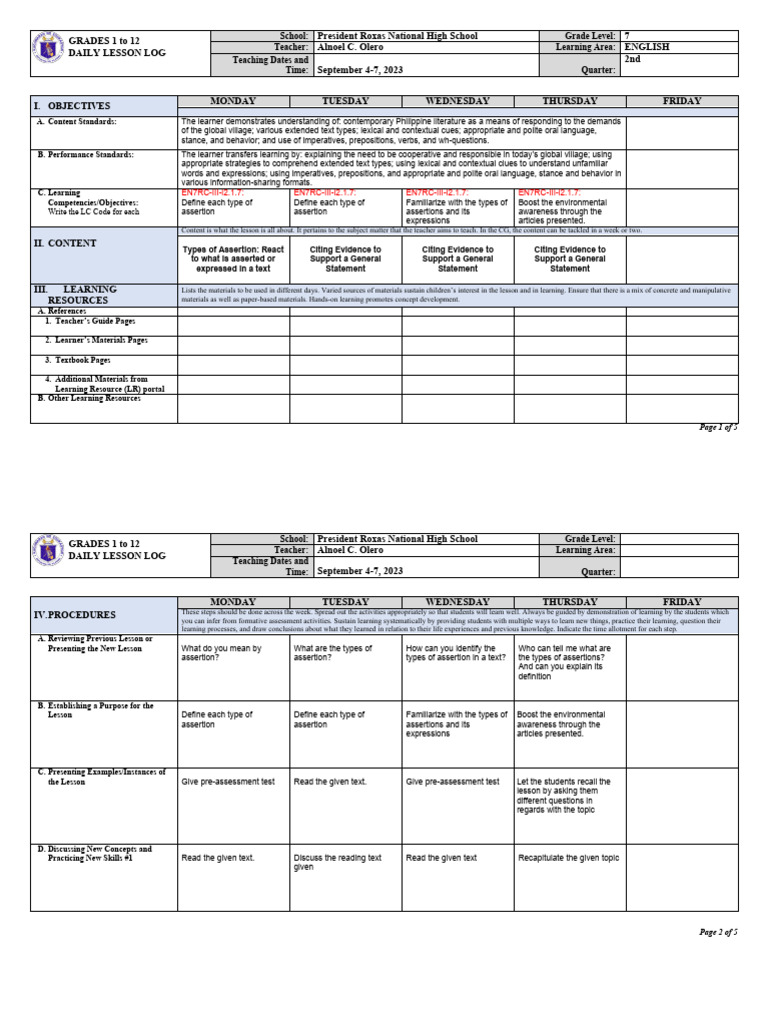 ENGLISH Module 8 DLL | PDF | Learning | Teachers