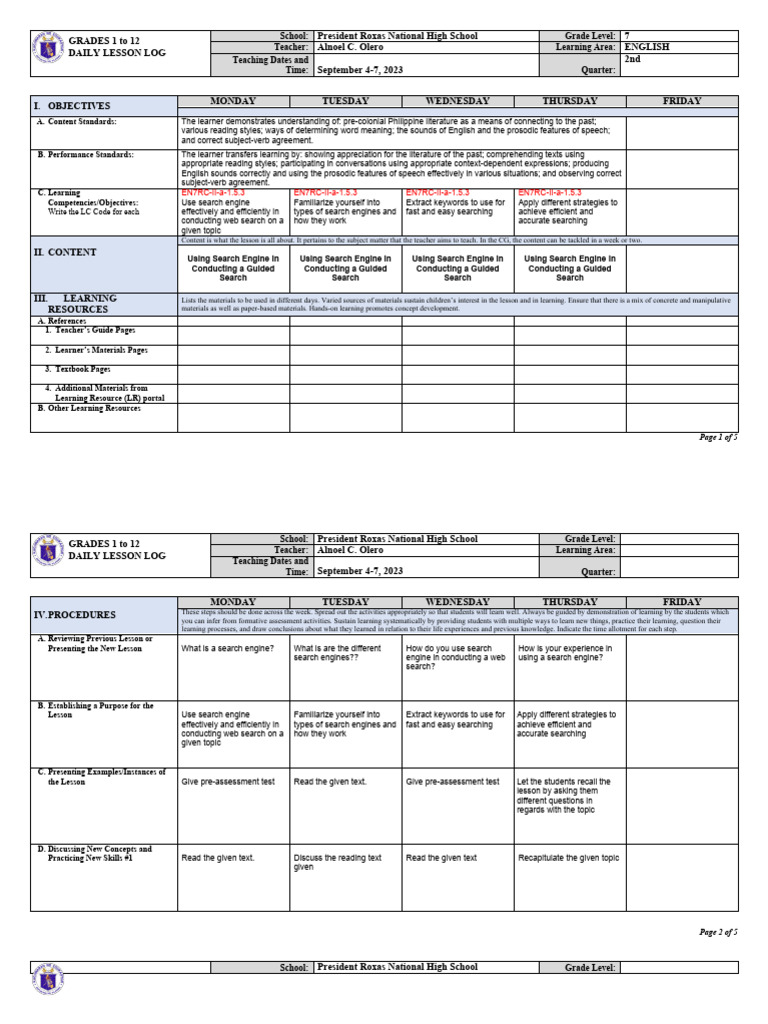ENGLISH 7 Week 3 Quarter 2 | PDF | Learning | Teachers