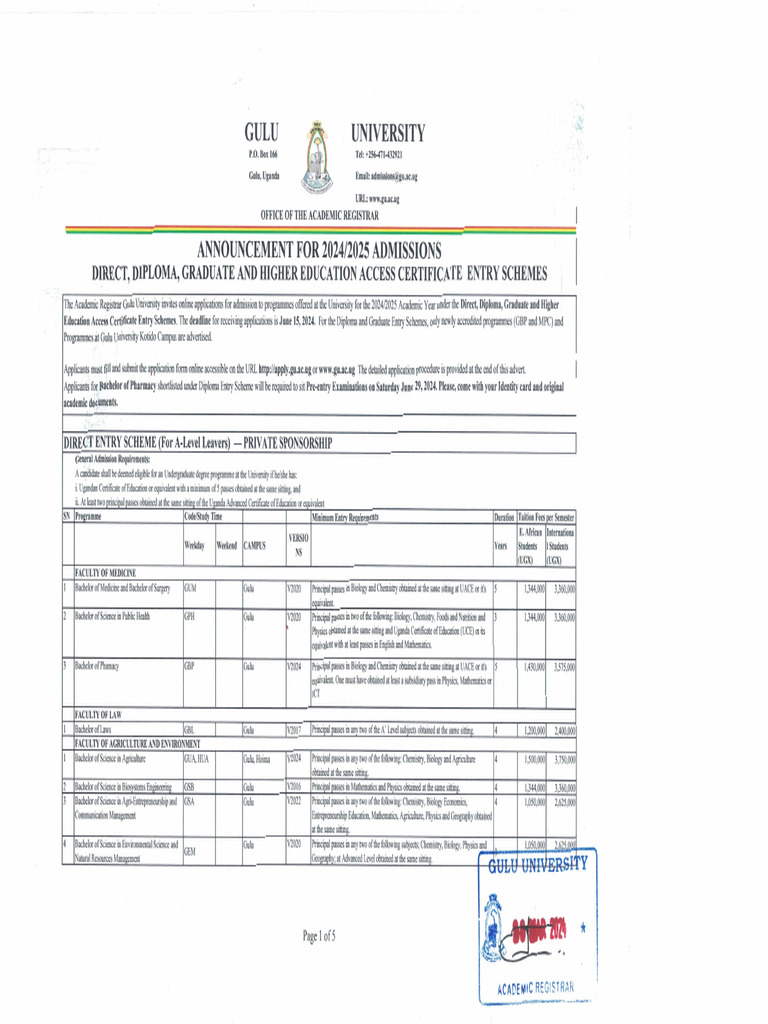 Gulu University Advert For Direct, HEAC Programmes, Diploma and ...