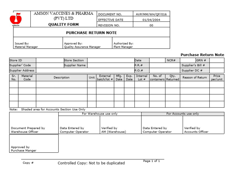 AVP-MM-WH-QF-016 - Purchase Return Note (Tempelate) - 00 | PDF