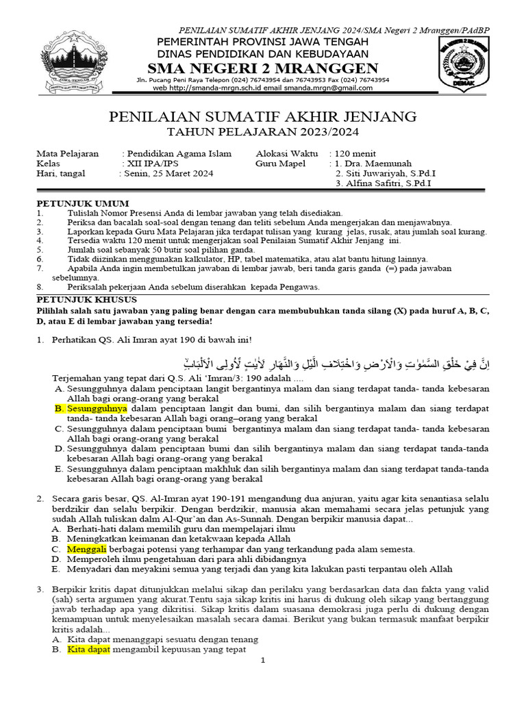 Soal Dan Kunci Psaj Kelas Xii Maret 2024 | PDF | Kajian Bahasa Asing