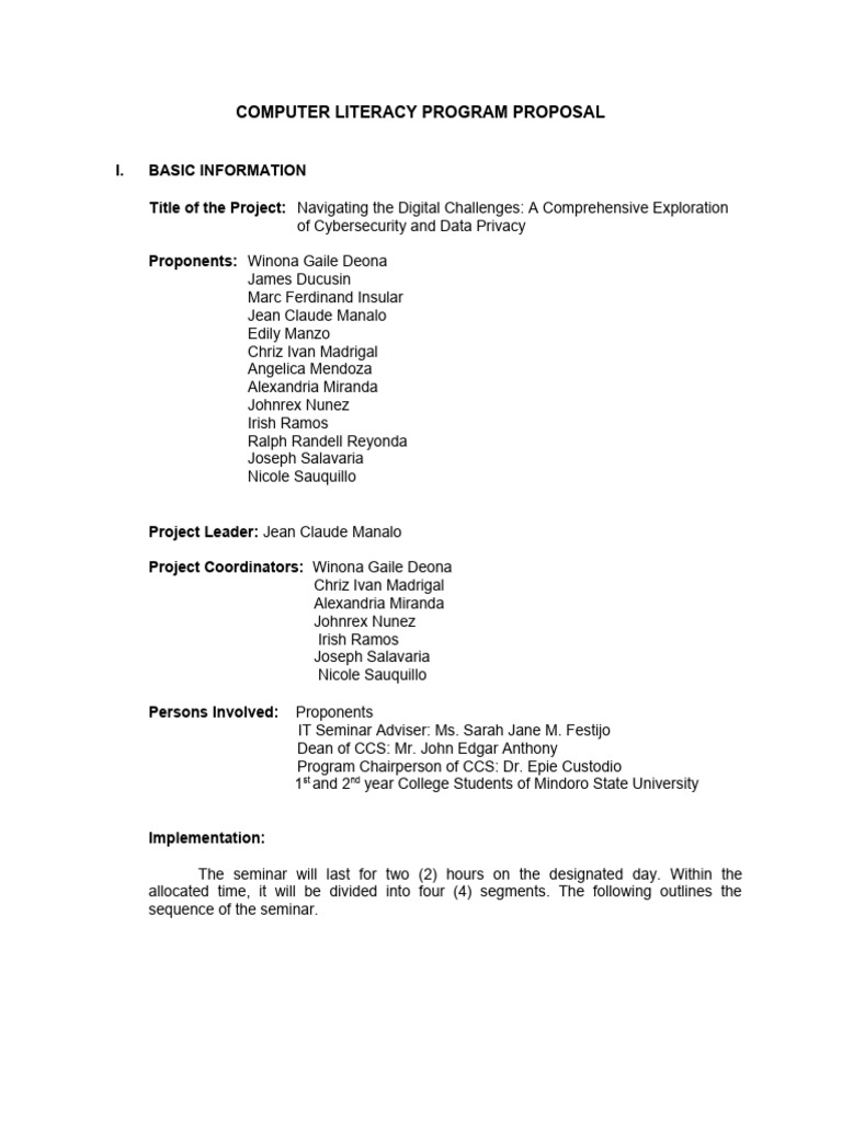COMPUTER LITERACY PROGRAM PROPOSAL Group 2 | PDF | Security | Computer Security