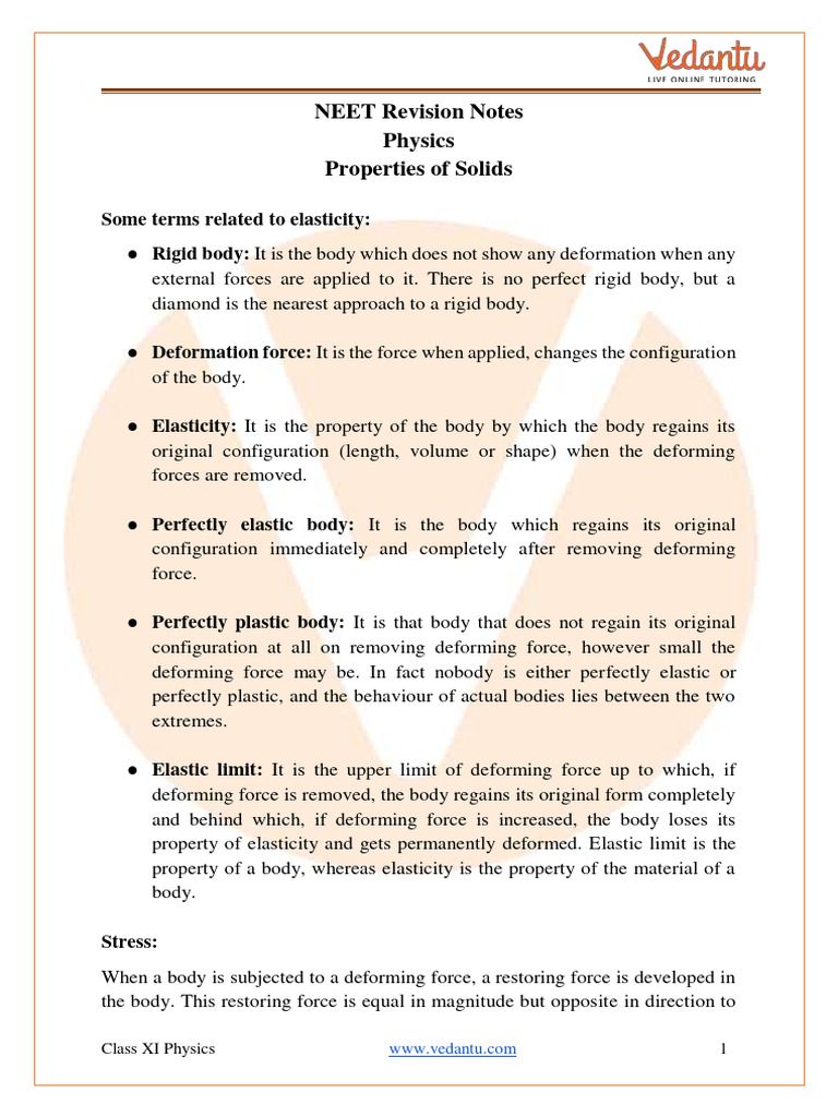 Revision Notes On Mechanical Properties of Solids For NEET 2024 - Free ...