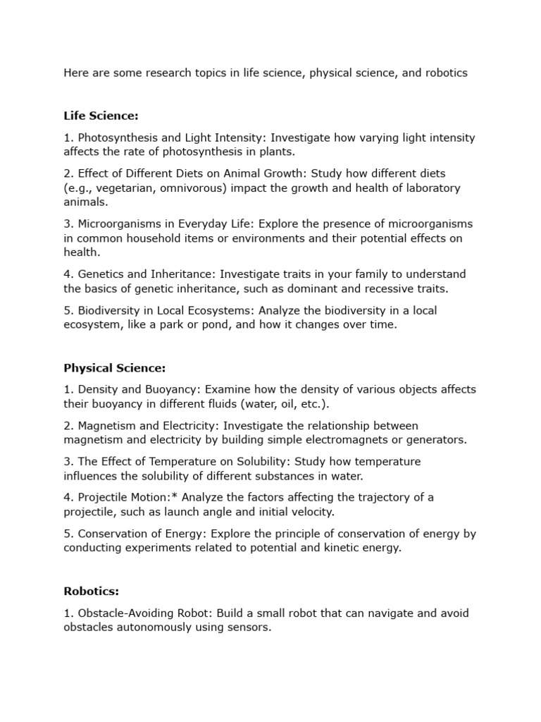 Research Topics in Science and Robotics | PDF | Science & Mathematics